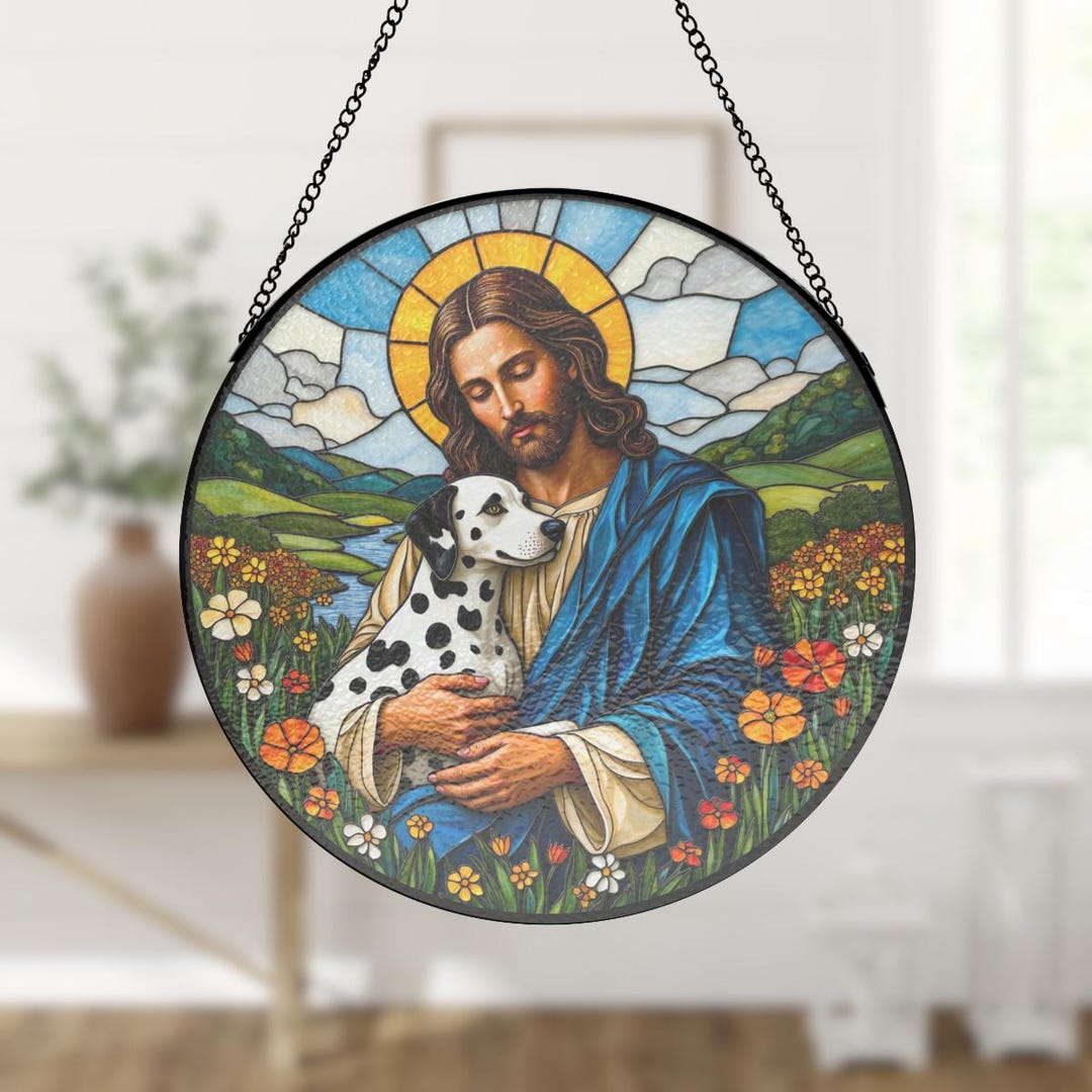 Jesus Christ Hugging A Dalmatian Stained Glass Suncatcher, Religious ...