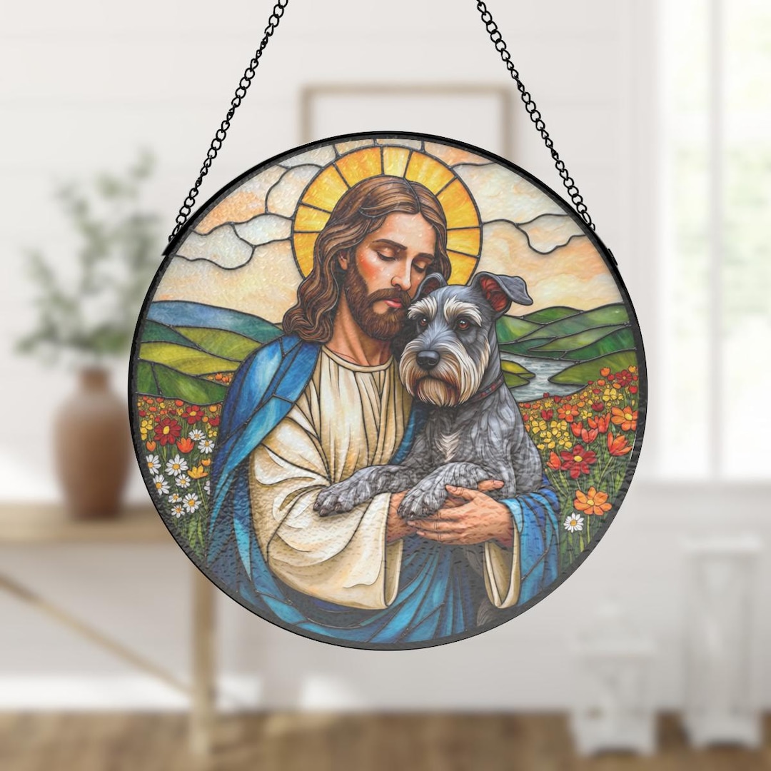 Jesus Christ Hugging Grey Miniature Schnauzer Stained Glass Suncatcher ...