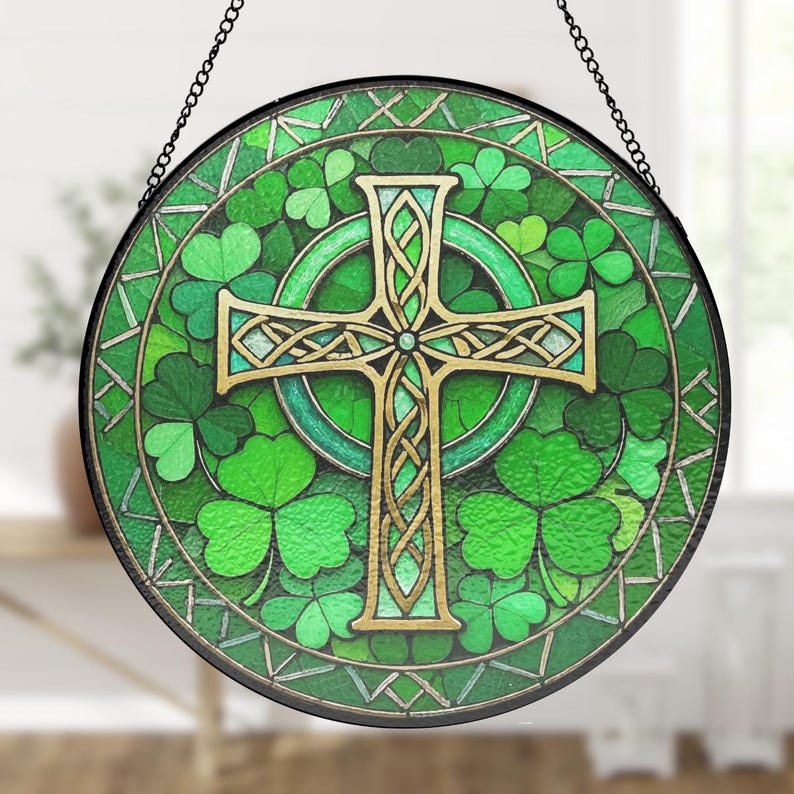 Celtic Cross Stained Glass Window Hanging, Irish Religious Decor, Green ...