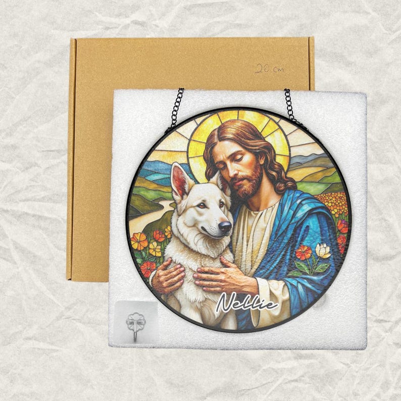 Custom Jesus Christ Hugging A Solid White German Shepherd Dog Stained ...