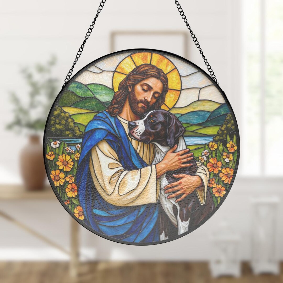 Jesus Christ Hugging Harlequin Great Dane Stained Glass Suncatcher ...