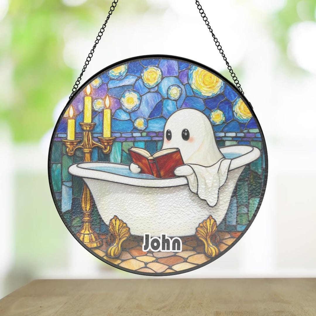 Custom Ghost Reading Van Gogh Starry Night Stained Glass, Bathroom ...
