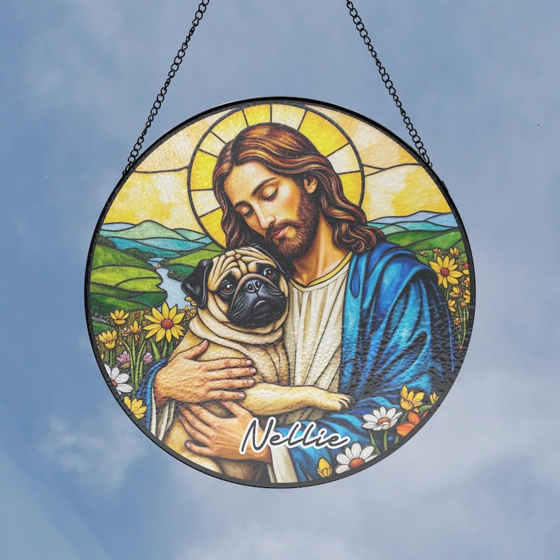 Jesus Christ Hugging Fawn With Black Mask Pug Glass Suncatcher ...