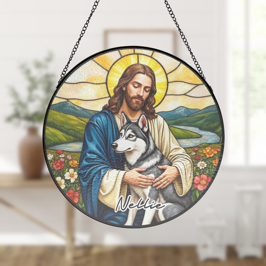 Custom Jesus Christ Hugging Gray and White Alaskan Malamute Dog Stained ...