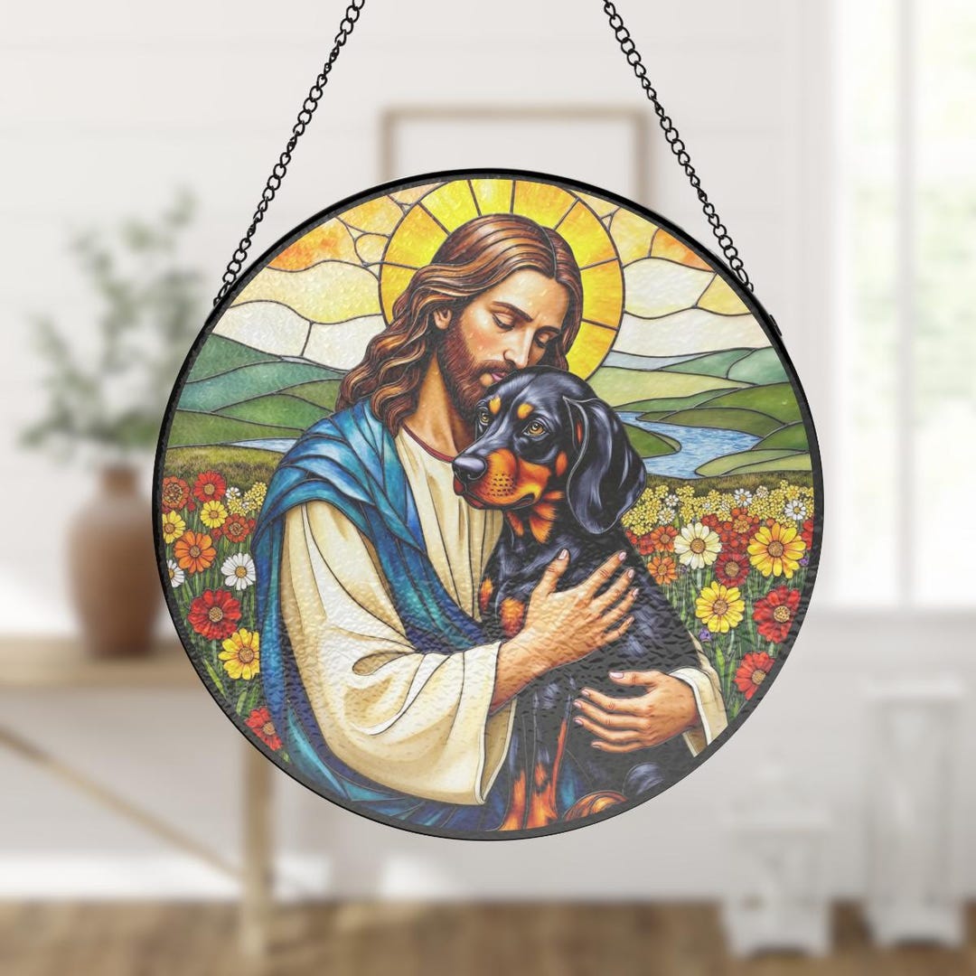Custom Jesus Christ Hugging Black and Tan Coonhound Dog Stained Glass ...