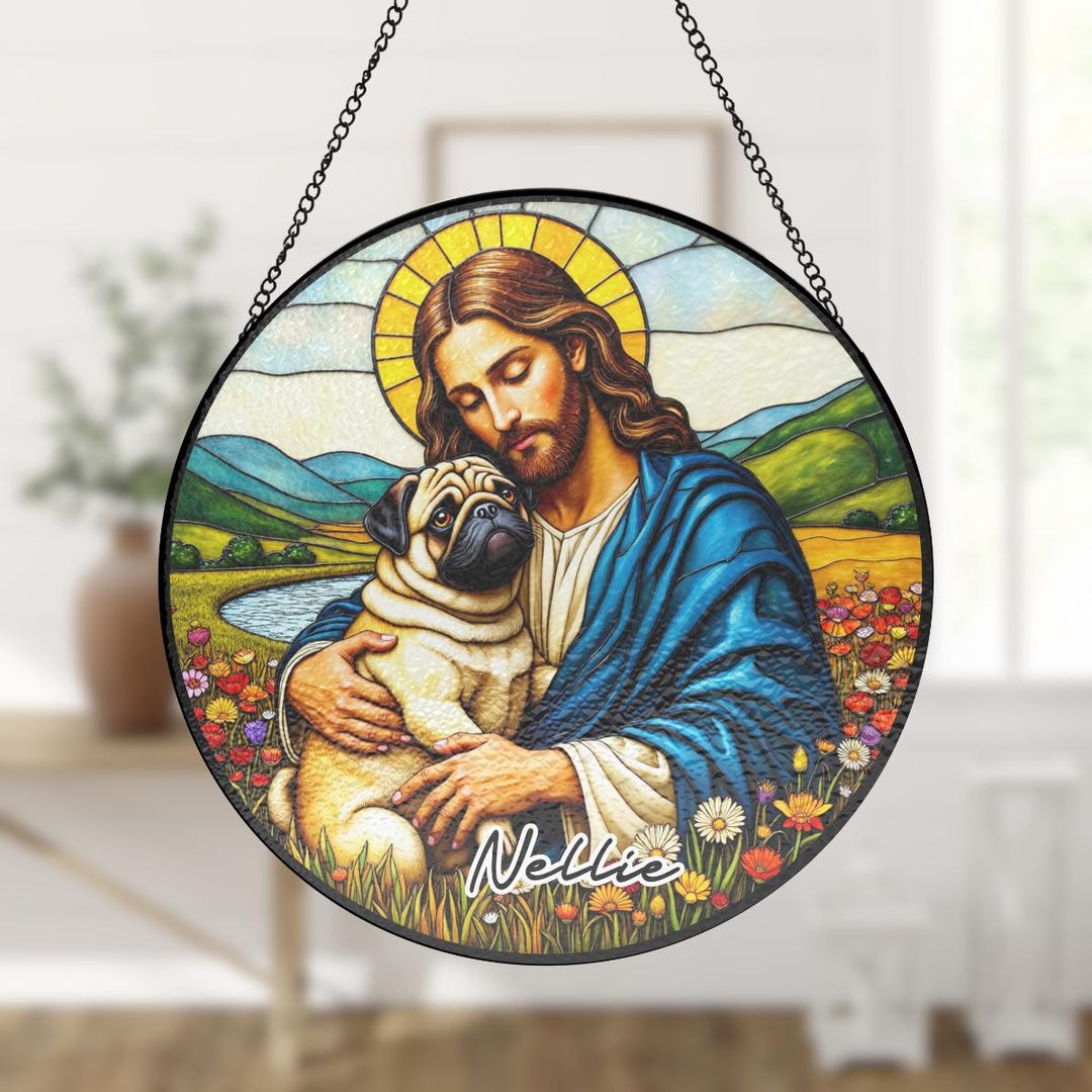 Custom Jesus Christ Hugging A Fawn With Black Mask Pug Dog Stained ...