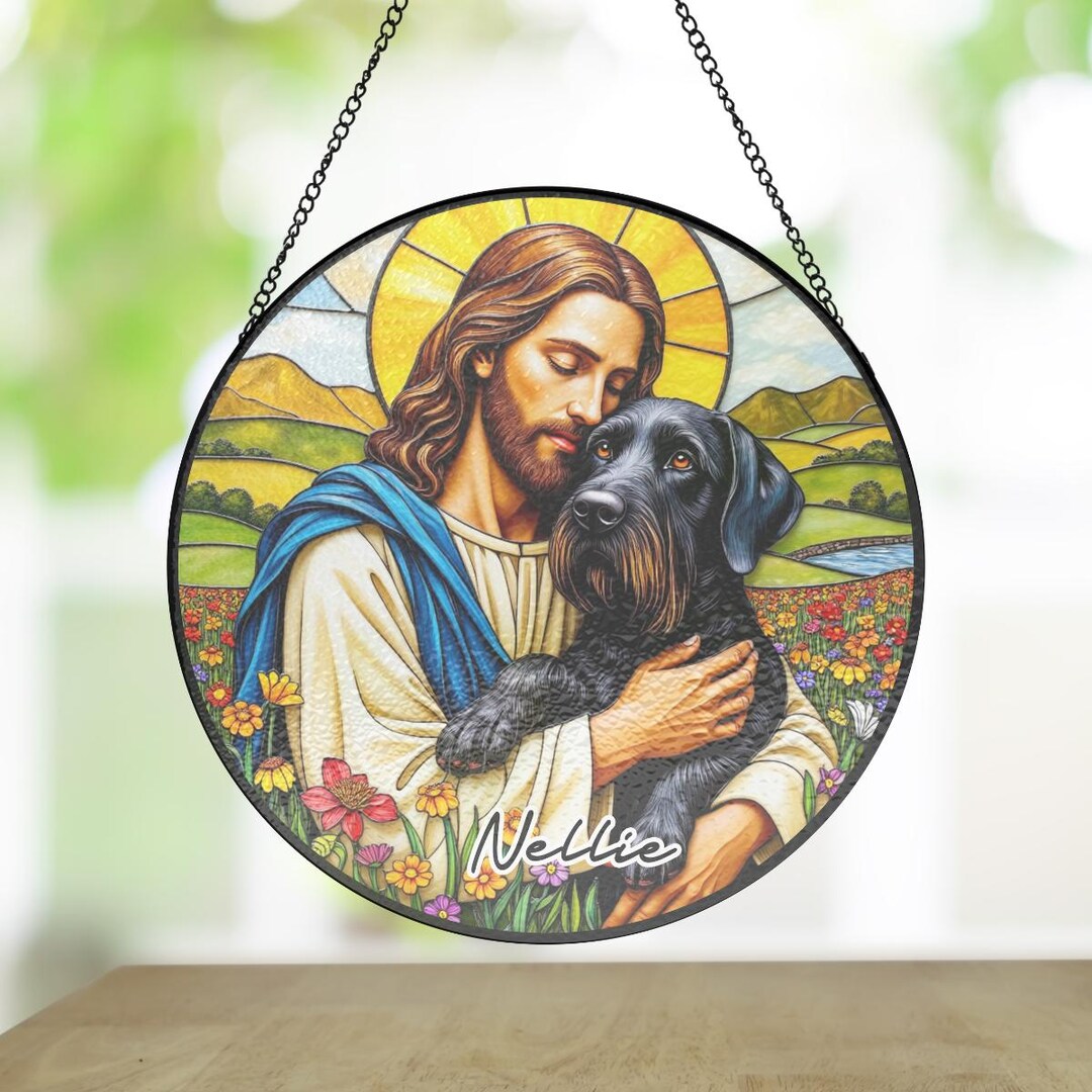 Custom Jesus Christ Hugging Black Giant Schnauzer Dog Stained Glass ...