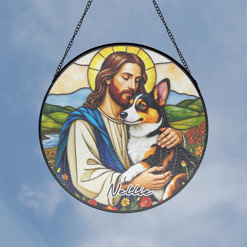 Jesus Christ Hugging Tricolor Pembroke Welsh Corgi Dog Stained Glass ...