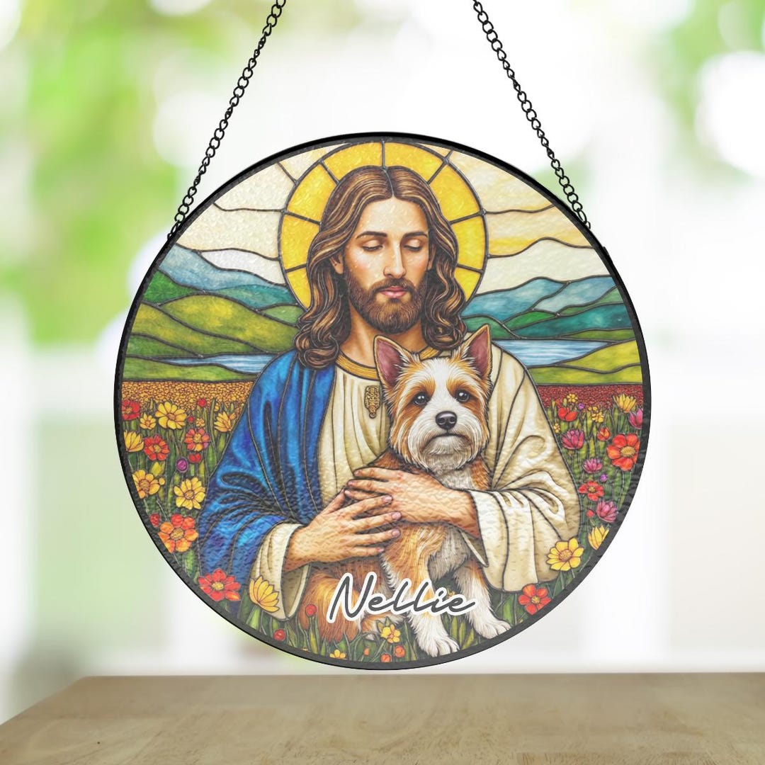 Custom Jesus Christ Hugging White & Tan Norwich Terrier Dog Stained ...