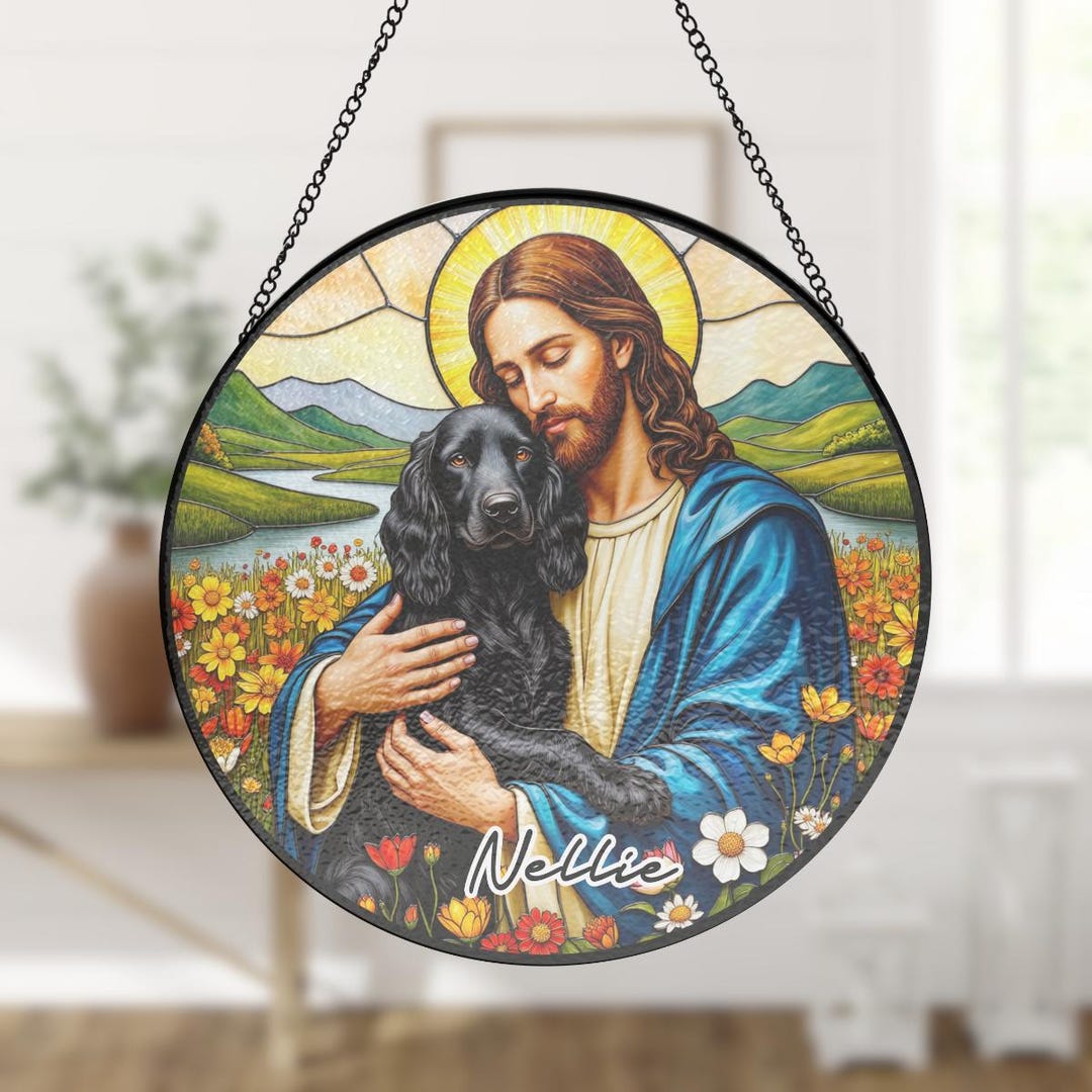 Custom Jesus Christ Hugging Black Field Spaniel Dog Stained Glass ...