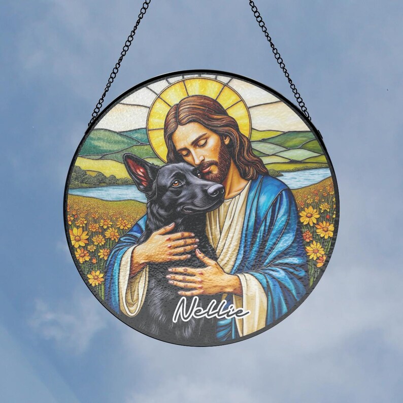 Jesus Christ Hugging A Solid Black German Shepherd Stained Glass ...