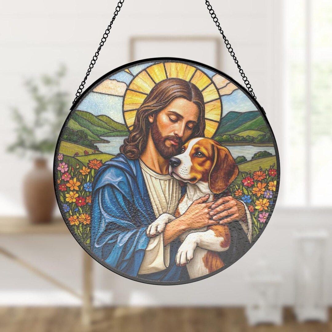 Jesus Christ Hugging A Beagle Stained Glass Suncatcher, Religious ...