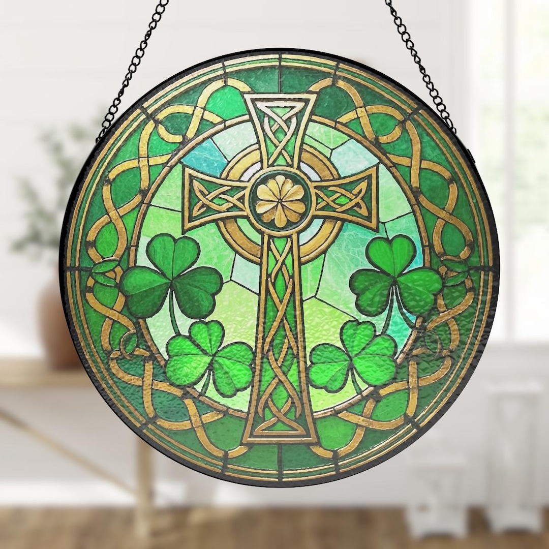 Celtic Cross Stained Glass Window Hanging, Irish Religious Decor, Green ...