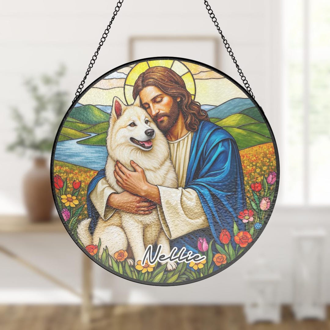 Custom Jesus Christ Hugging Biscuit Samoyed Dog Stained Glass ...