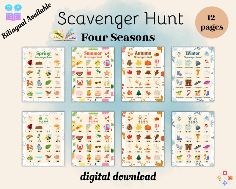CN / ENG I Printable Bilingual Four Seasons Scavenger Hunt Bundle 3 ...