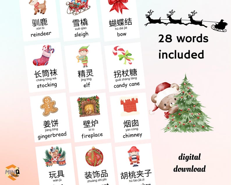28 Bilingual Christmas Flashcard for Pre-u Kids Toddlers Preschoolers ...