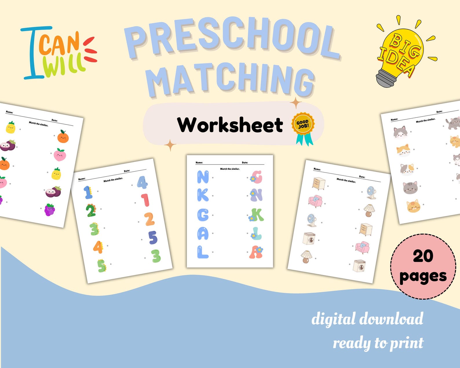 20 Printable Matching Worksheet I Preschool Matching Activity for Kids ...