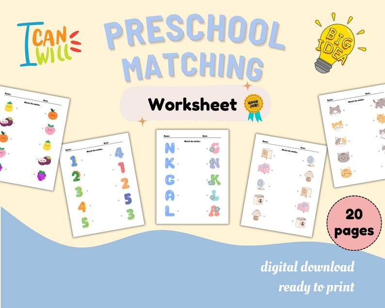 20 Printable Matching Worksheet I Preschool Matching Activity for Kids ...