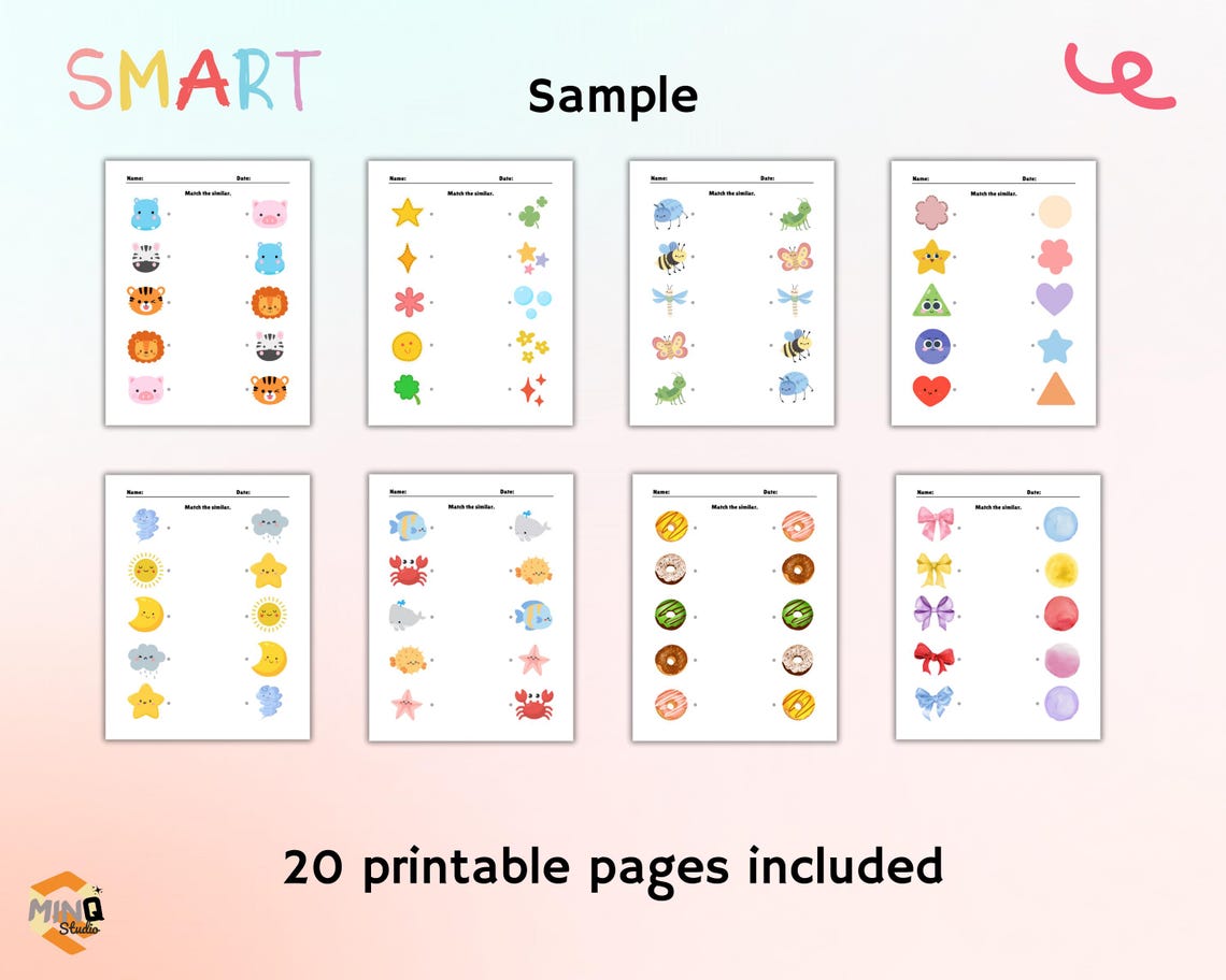 20 Printable Matching Worksheet I Preschool Matching Activity for Kids ...