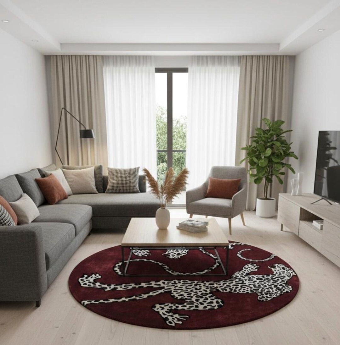 Handmade Leopard Print Round Rug – Modern Maroon Accent Carpet - Etsy