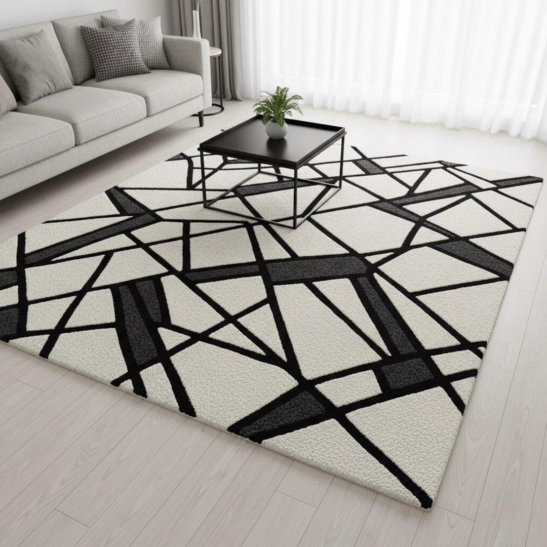 Abstract Line Art Rug – Modern Black White Geometric Carpet - Etsy
