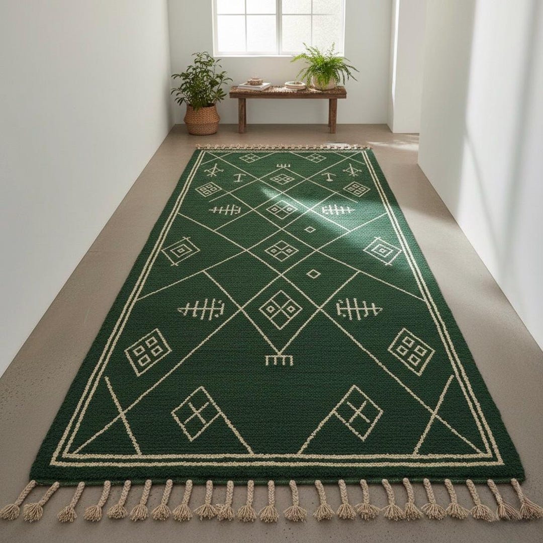 Handmade Green Moroccan Berber Area Rug – Geometric Pattern, Wool ...