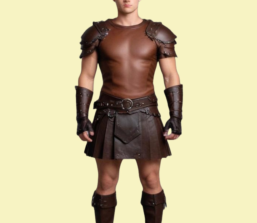 Men's Leather Brown Armor and Kilt - Genuine Leather Medieval Armor ...