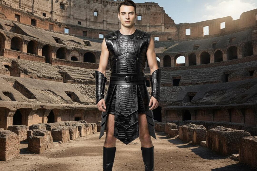 Black Gladiator Leather Vest & Kilt Set | Croc Textured Armor Outfit ...