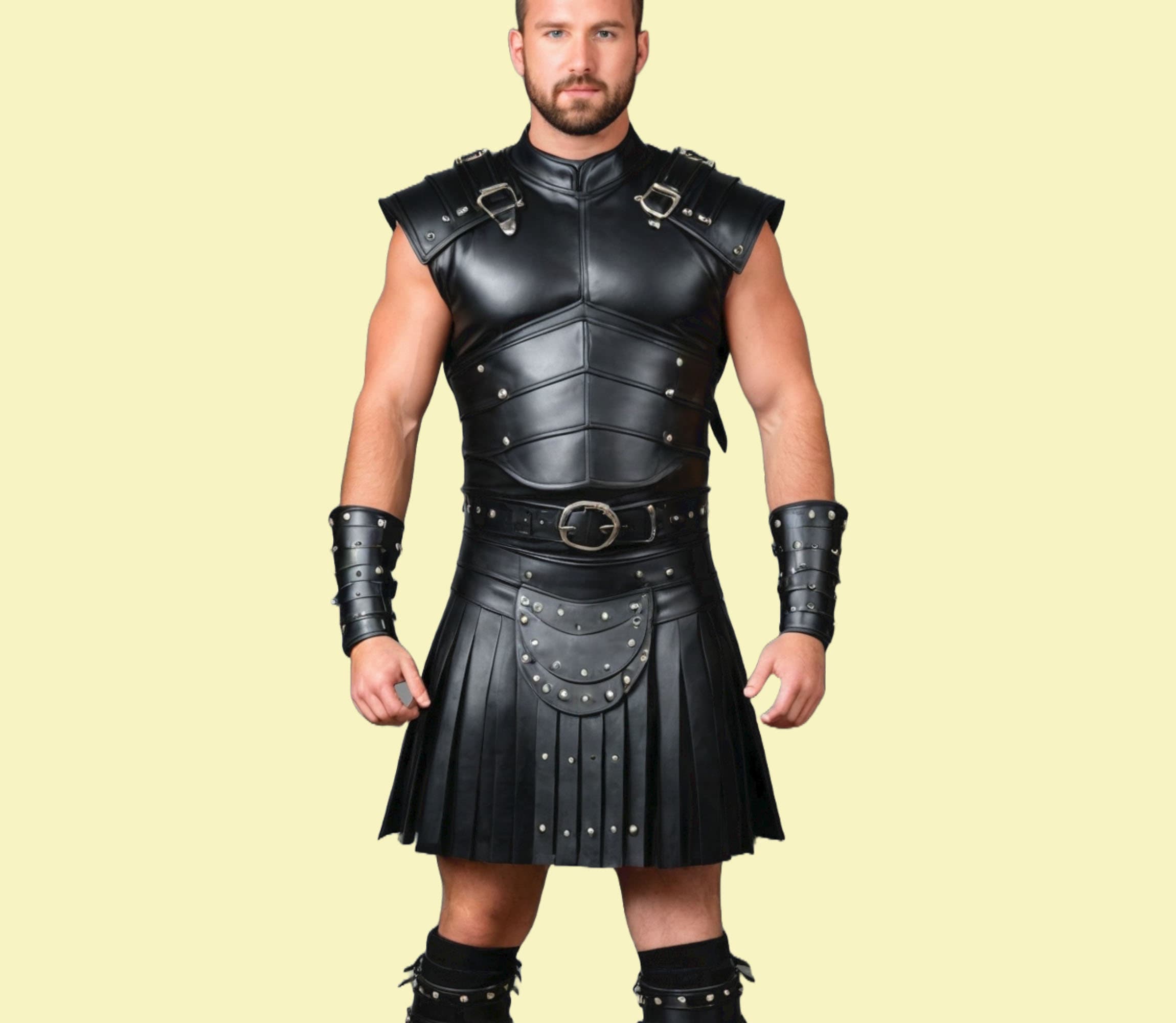 Genuine Leather Men Black Armor With Kilt -premium Leather Medieval ...