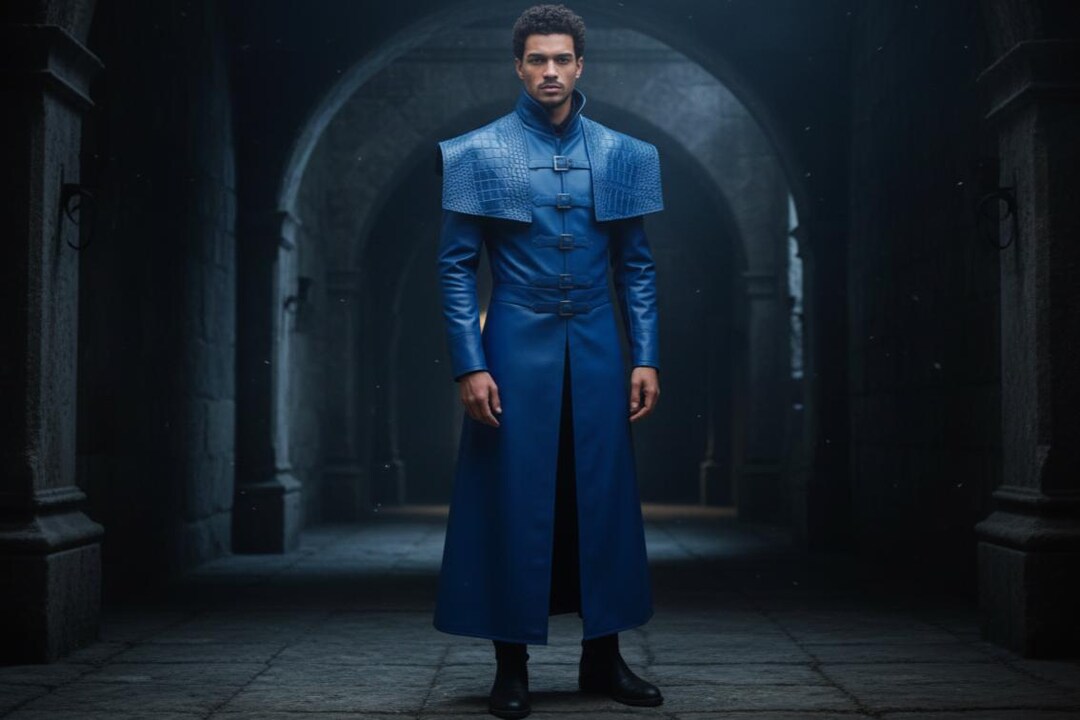 Royal Blue Leather Long Coat for Men | Medieval Warrior Overcoat ...