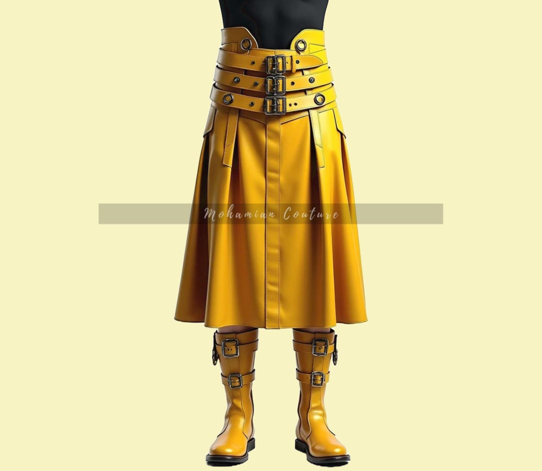 Genuine Leather Long Yellow Kilt With Multi-buckle Waist-handmade ...