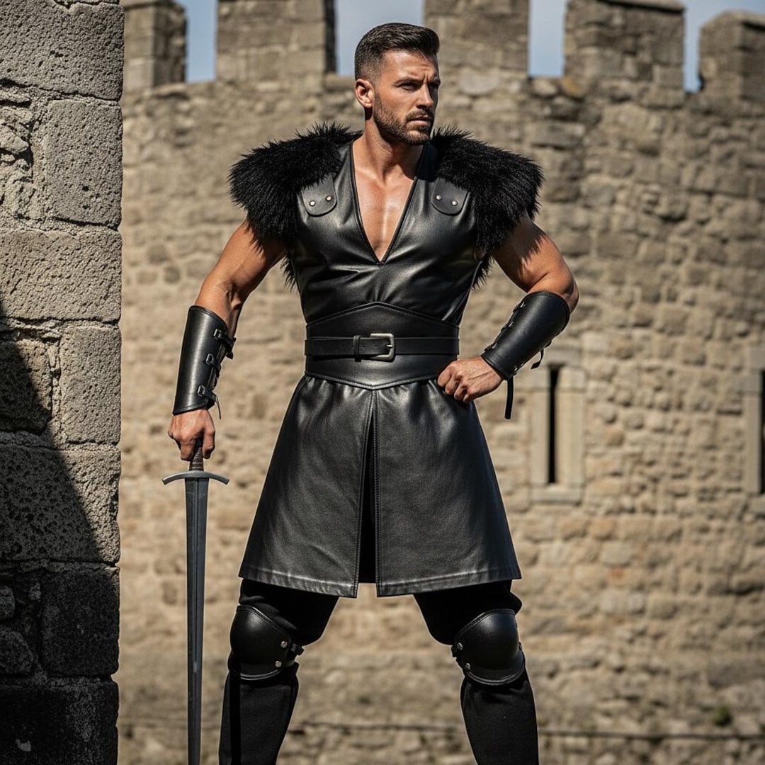 Black Leather Warrior Vest With Fur Shoulders | Handmade Gladiator ...