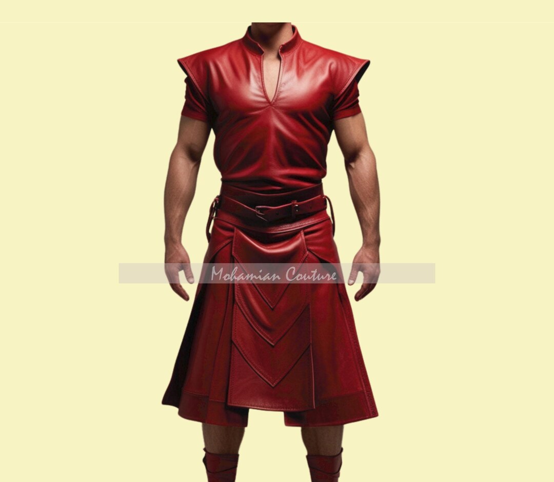 Gothic Leather Men Red Armor & Kilt - Handmade Gladiator Kilt Men ...