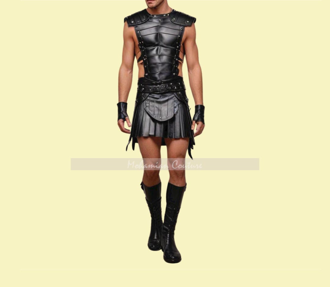 Genuine Leather Men Black Kilt - Classic Leather Gladiator Kilt With ...