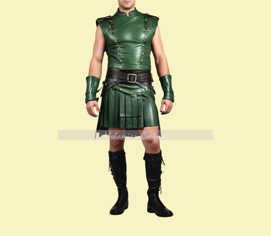 Genuine Leather Men Gladiator Kilt Handmade Green Leather Armor Cosplay ...