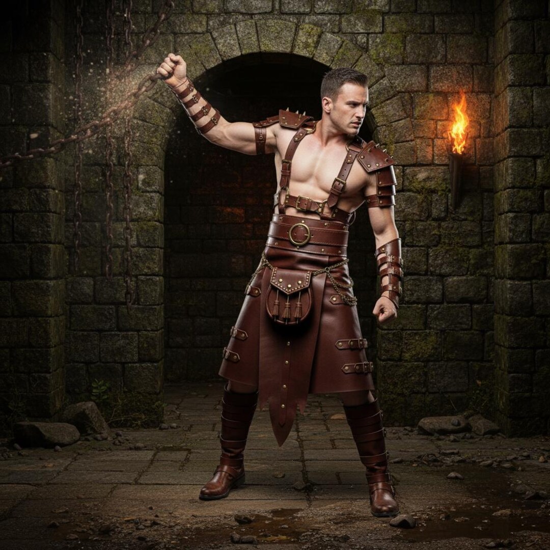 Brown Leather Gladiator Armor With Kilt – Genuine Leather Roman Style ...