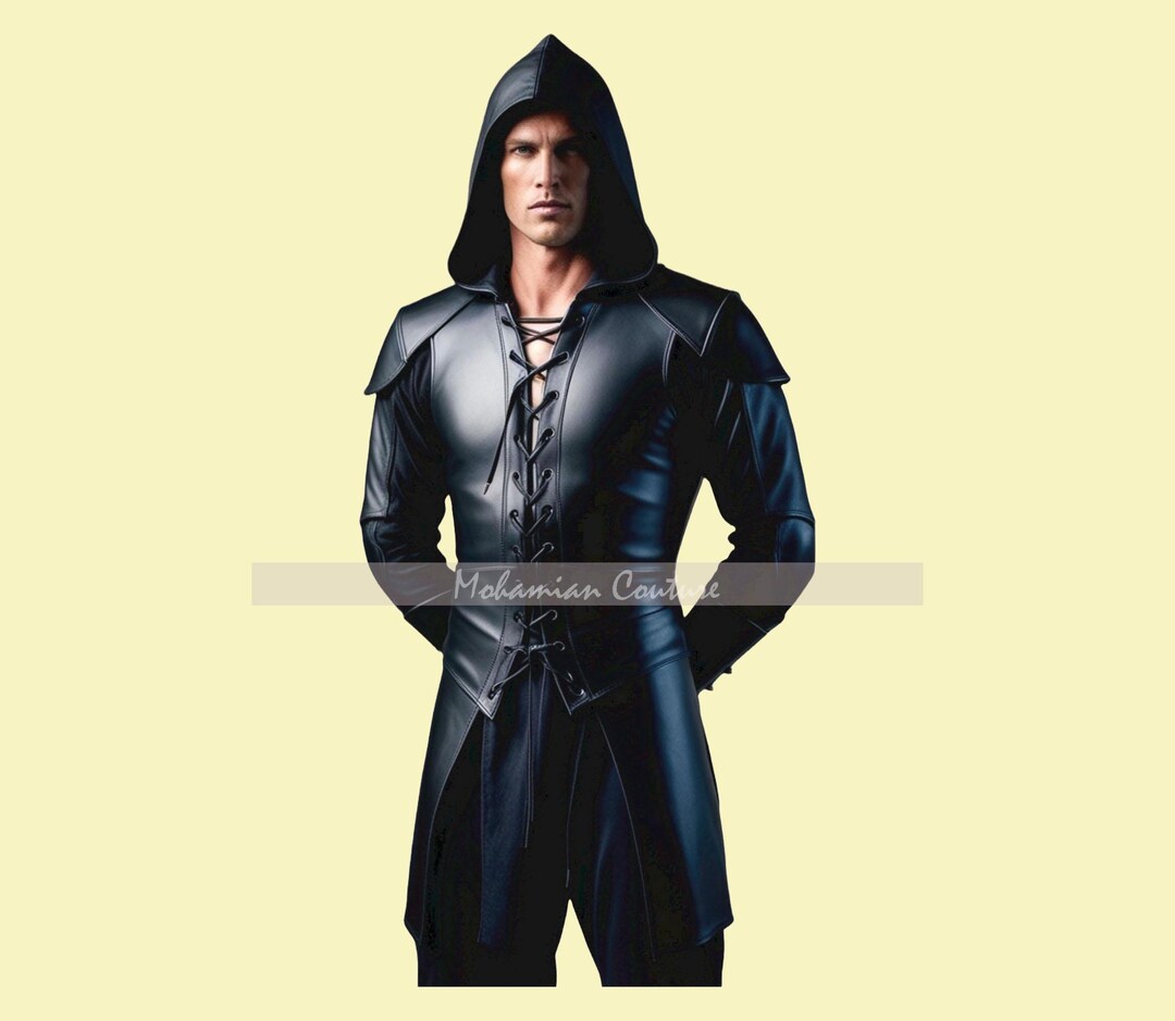 Genuine Leather Men Hooded Armor - Gothic Leather Cosplay Black Armor ...