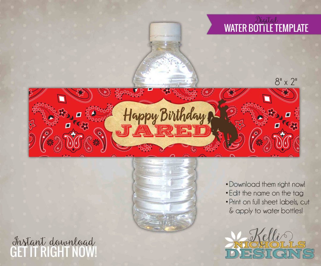 Red Western Water Bottle Label Template, Cowboy Party Decoration, Red ...