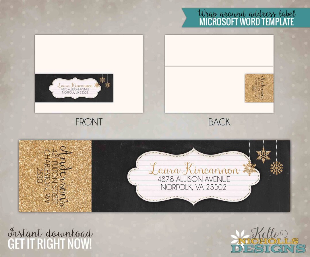 Chalkboard & Gold Glitter Snowflakes Wrap Around Address Label Template ...