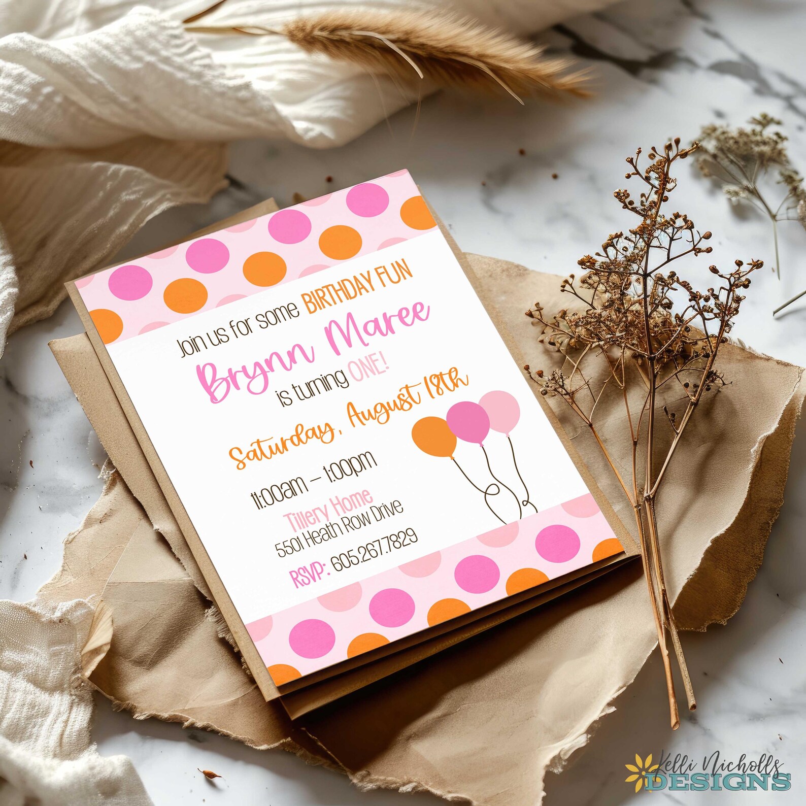 Pink & Orange Polka Dot Birthday Party Invitation, First Birthday ...