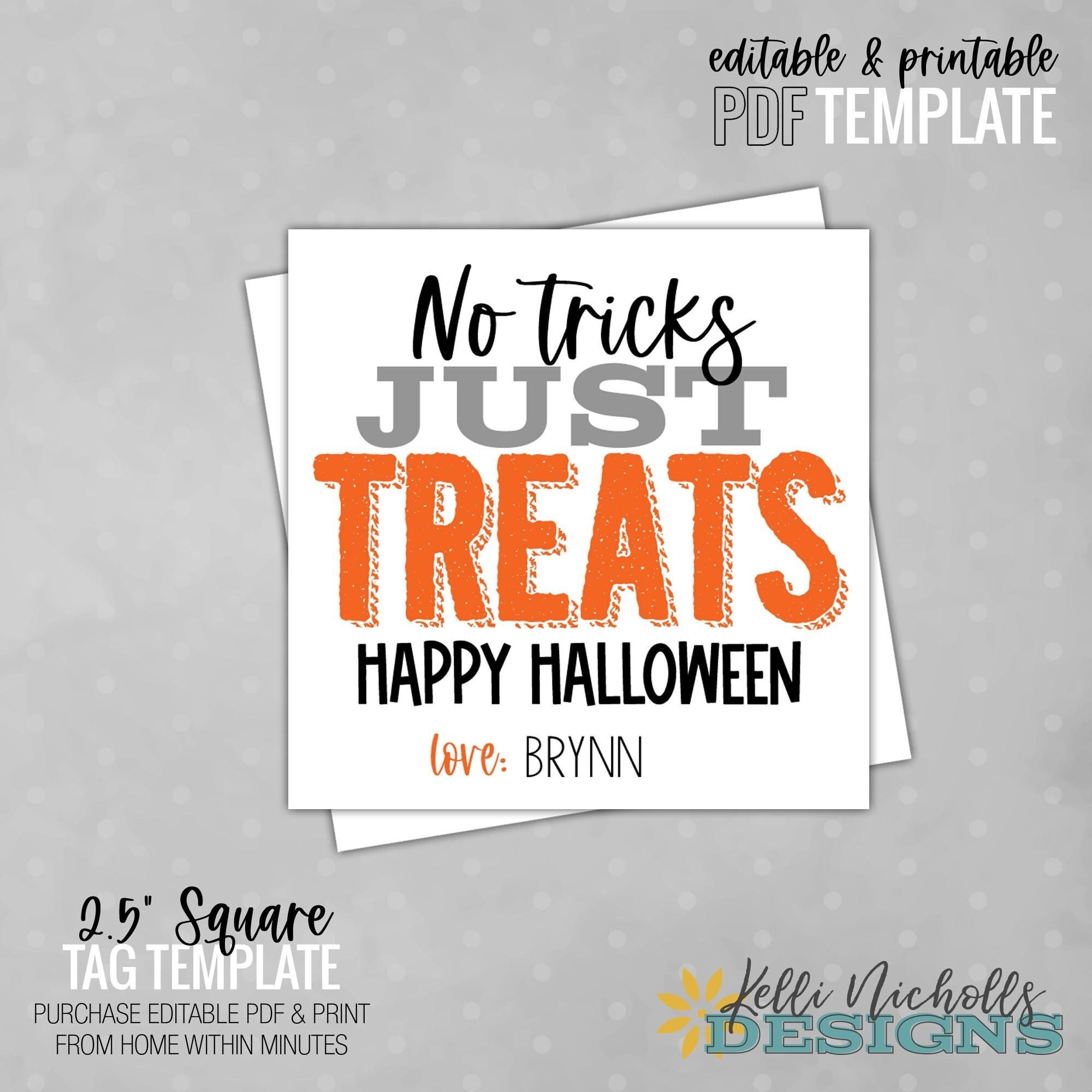 Halloween Treat Tag PDF Template, No Tricks Just Treats, Print at Home ...