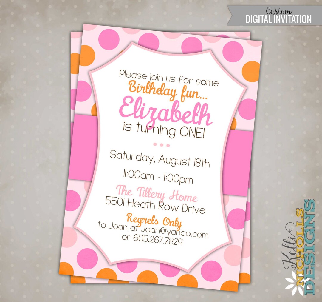 Pink & Orange Polka Dot Birthday Party Invitation, Girly First Birthday ...
