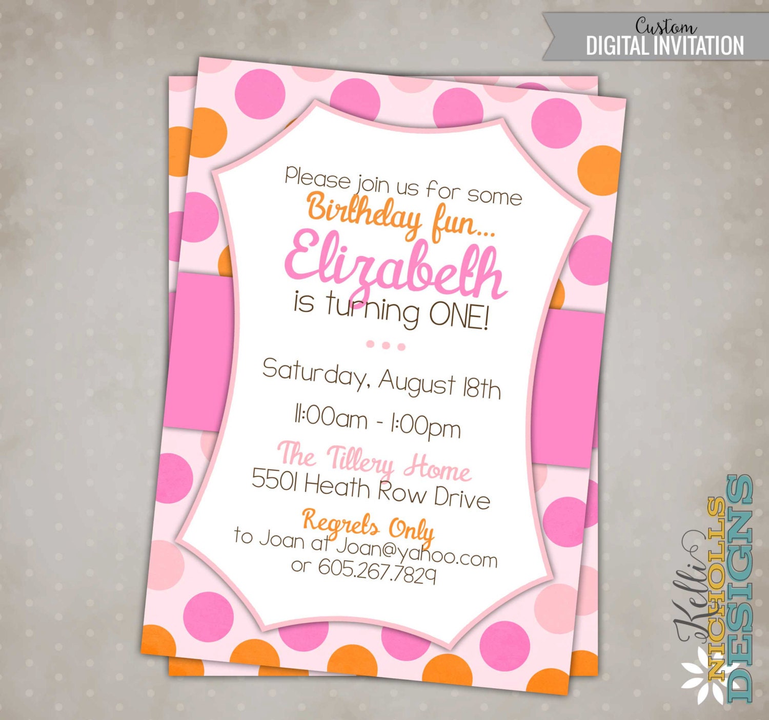 Pink & Orange Polka Dot Birthday Party Invitation Girly First | Etsy