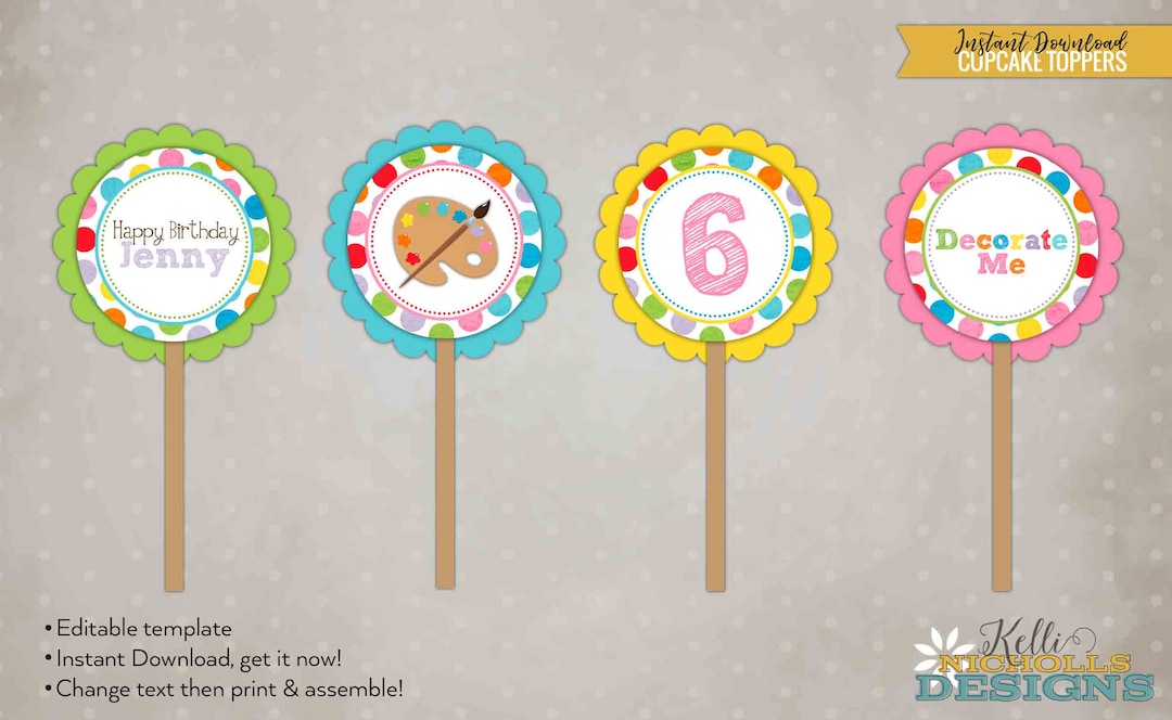 Custom Art Birthday Party Cupcake Toppers Template, Children Painting ...