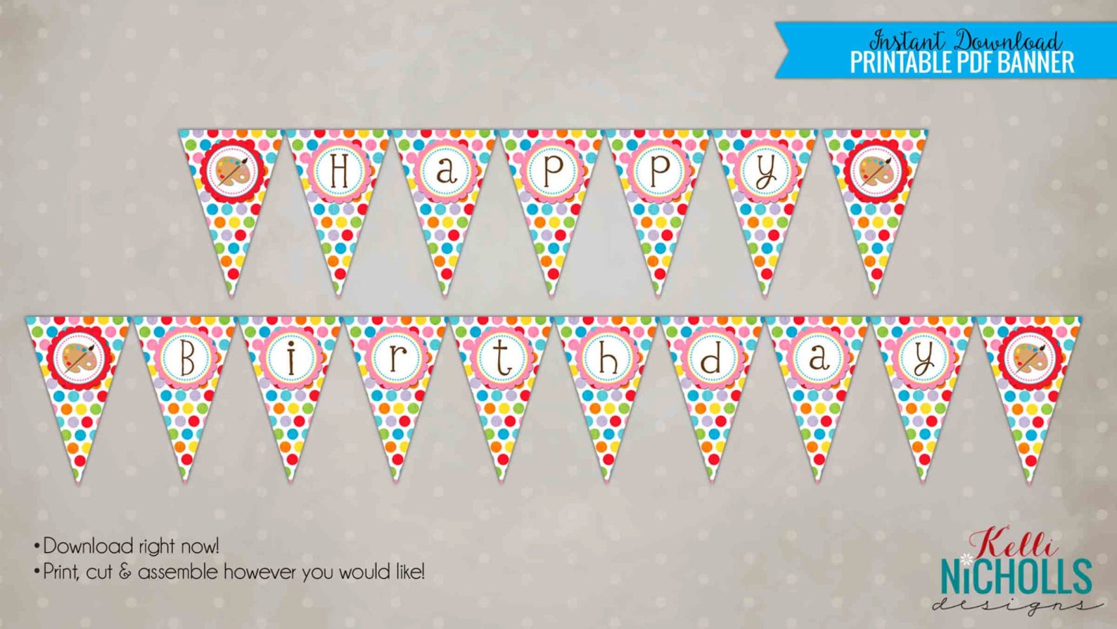 Children's Art Birthday Banner, Painting Party Custom Printable Pennant ...