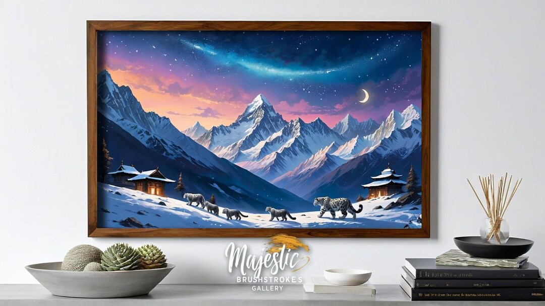 Himalayan Peaks With Snow Leopards, Clear Azure Sky, Cool Blues and ...