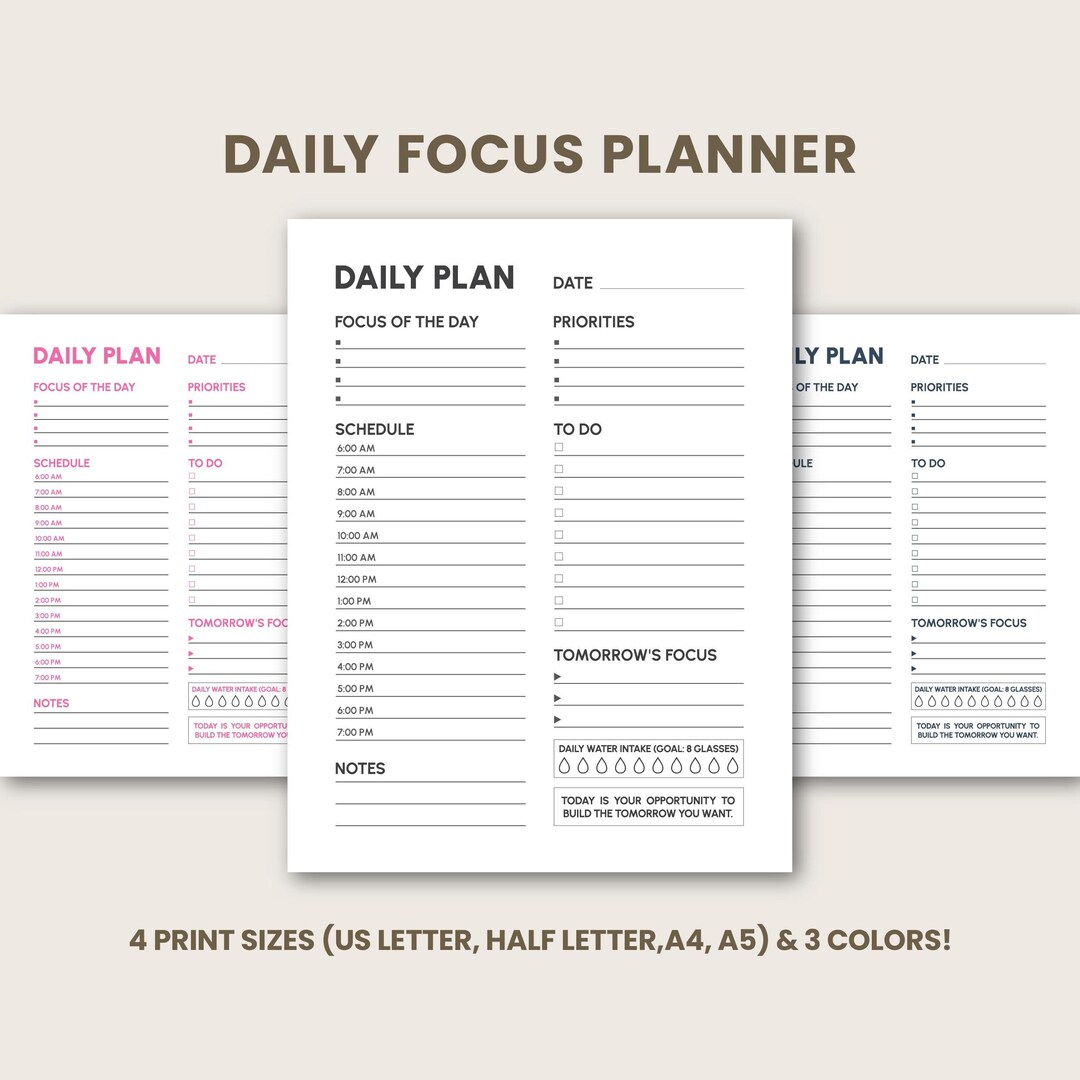 Daily Focus Planner, Printable Minimalist Digital Planner for ...