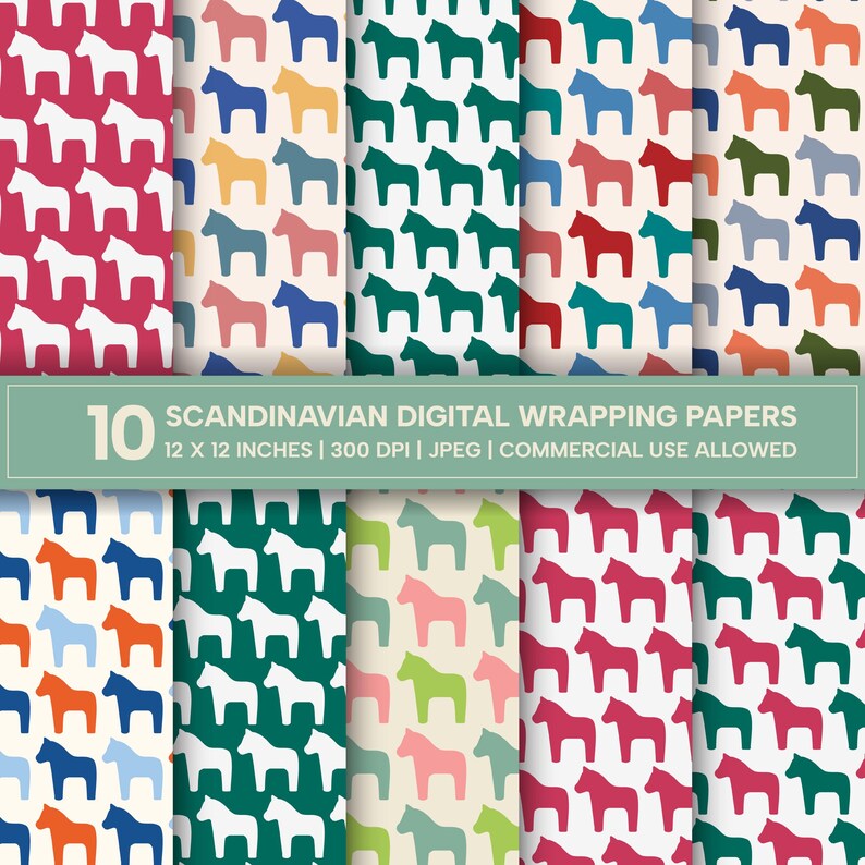 10 Swedish Dala Horse Digital Papers, Scandinavian Christmas Patterns ...