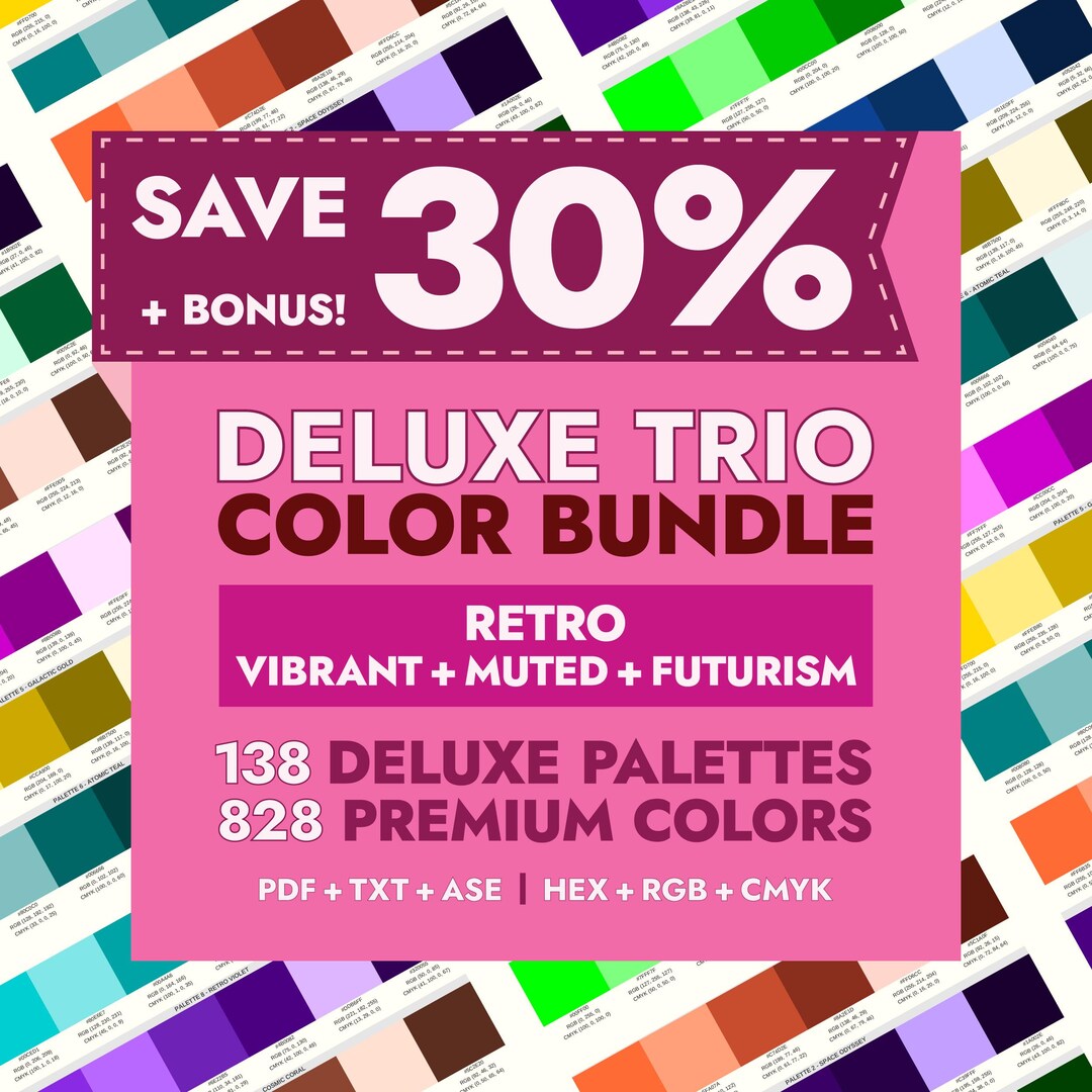Retro Vibrant, Muted & Futurism Deluxe Bundle: 138 Color Palettes, 828 ...
