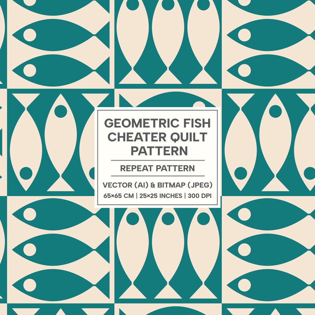 Geometric Fish Cheater Quilt Pattern, Modern Teal Beige Checkerboard ...